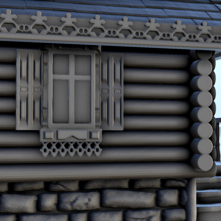 3D Printable Slavic log house with two access doors and canopies (19 ...