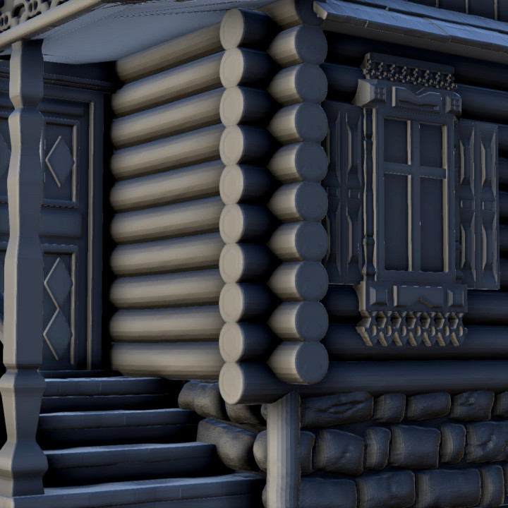 3D Printable Slavic log house with two access doors and canopies (19 ...