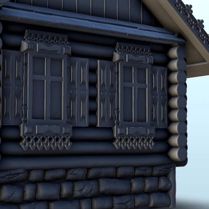 3D Printable Slavic log house with two access doors and canopies (19 ...