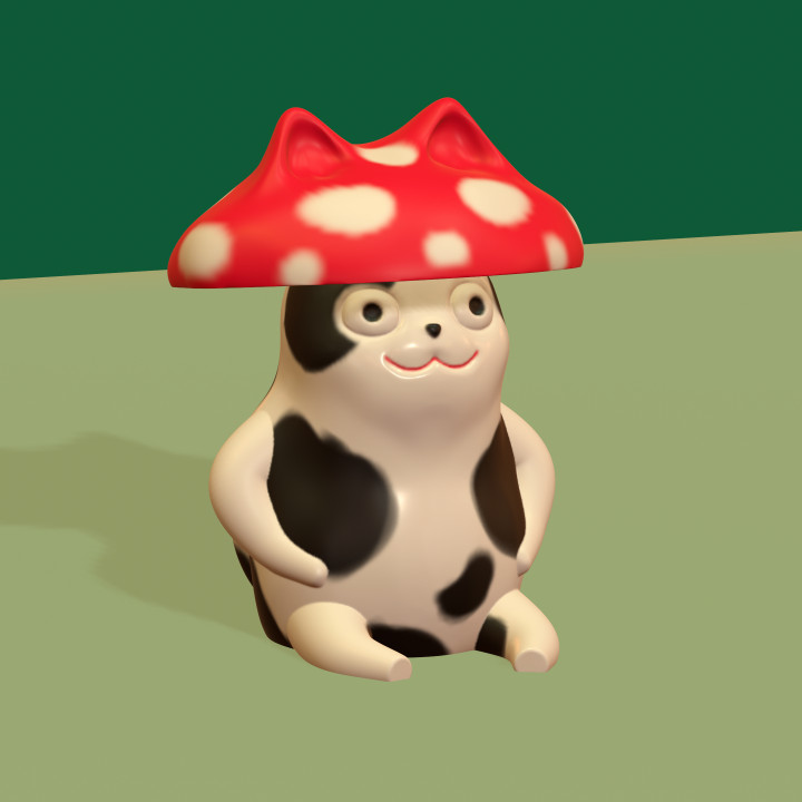 3D Printable Cute Cat with Mushroom Hat Easy Print by IK3D