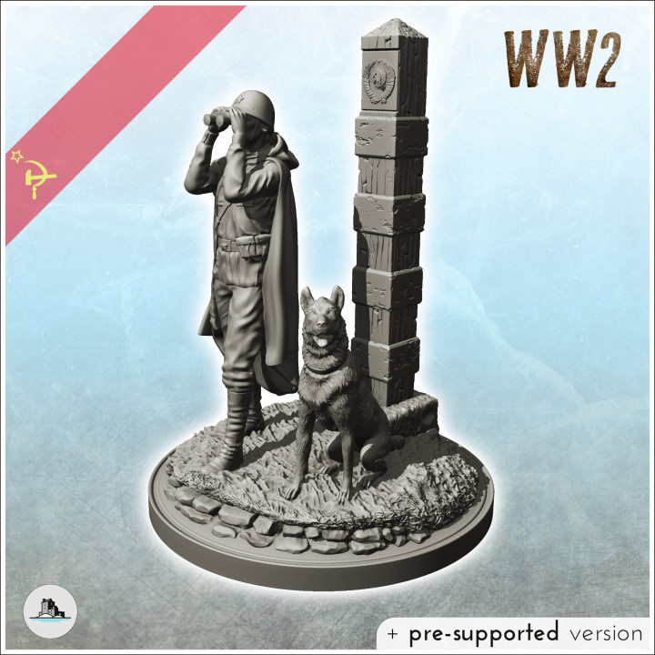 3D Printable Soviet guard under observation with dog and post (9 ...