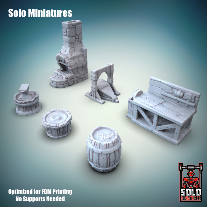 3D Printable Bomer's Blacksmith Shop Props by Solo Miniatures