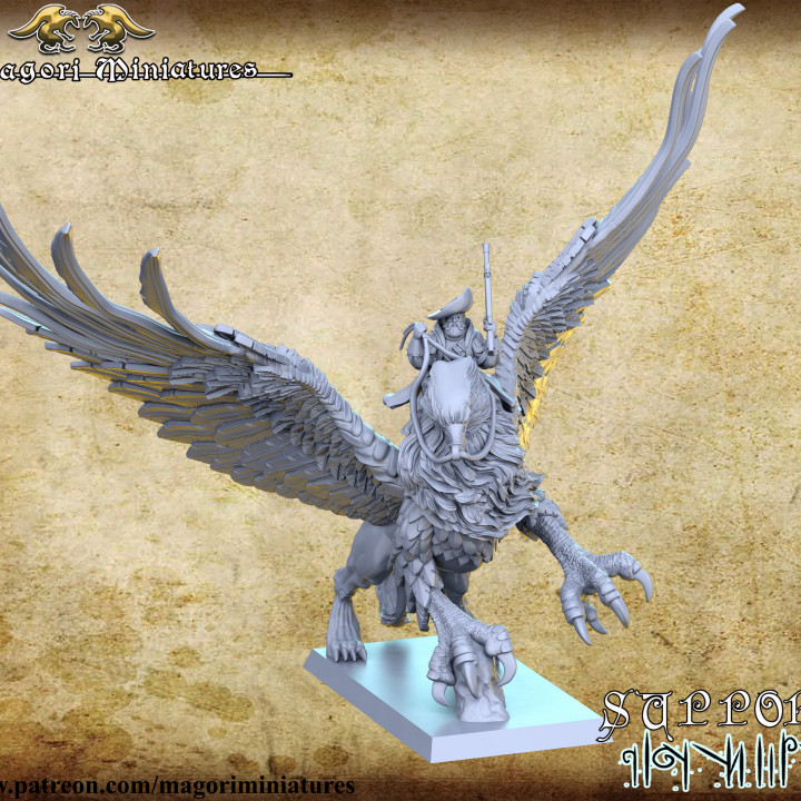 3D Printable Griffin with rifleman noble rider by Magori Minaitures