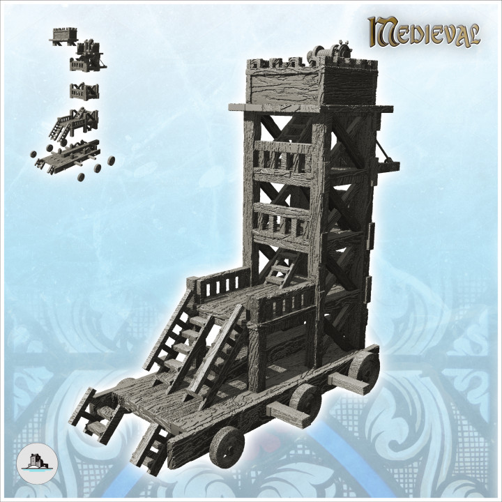 3D Printable Wooden siege tower with six wheels and multiple floors (15 ...