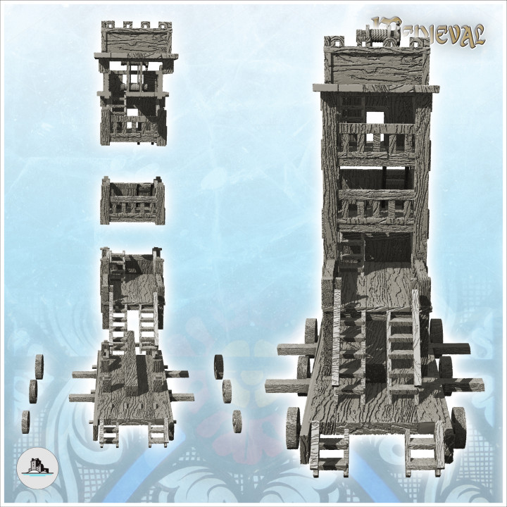 3D Printable Wooden siege tower with six wheels and multiple floors (15 ...