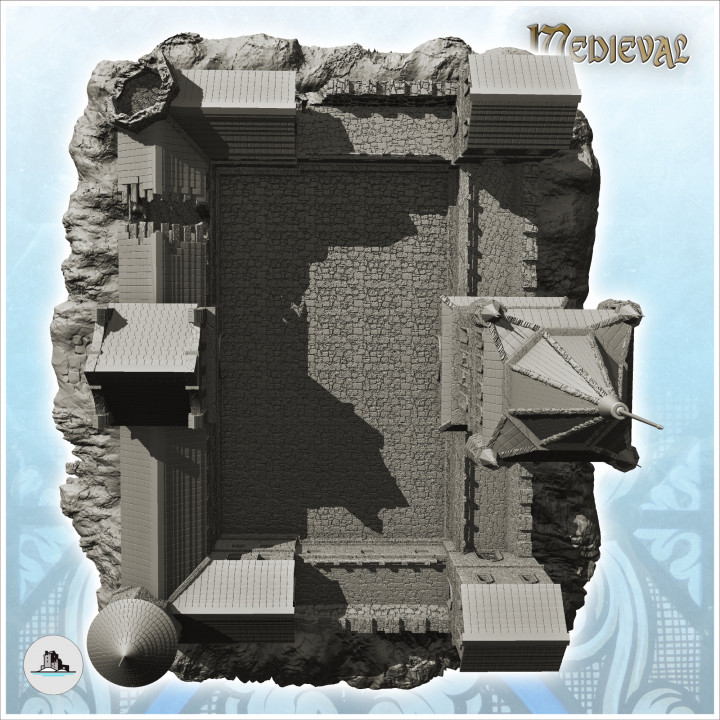 3D Printable Large damaged stone castle with corner towers and high ...