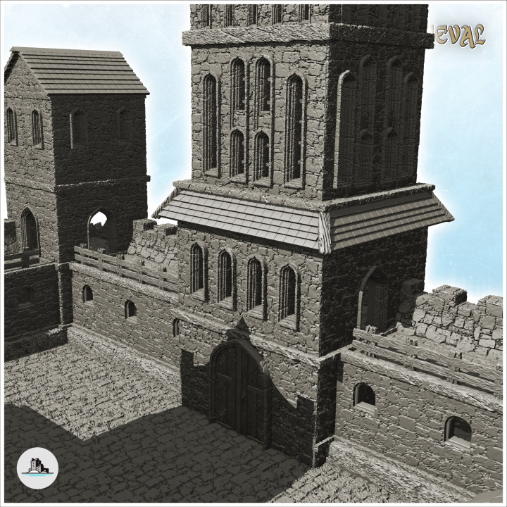 3D Printable Large damaged stone castle with corner towers and high ...