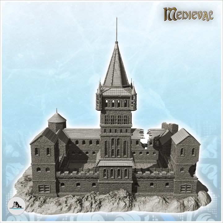 3D Printable Large damaged stone castle with corner towers and high ...