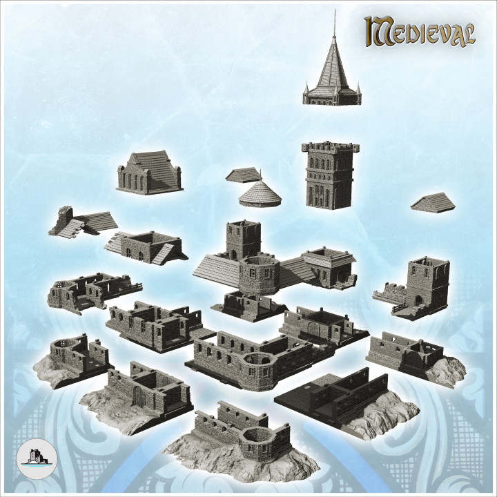 3D Printable Large damaged stone castle with corner towers and high ...