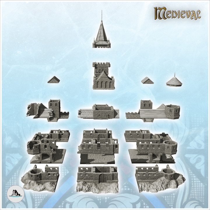 3D Printable Large damaged stone castle with corner towers and high ...