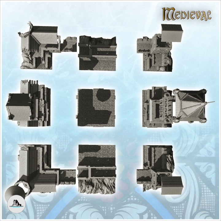 3D Printable Large damaged stone castle with corner towers and high ...