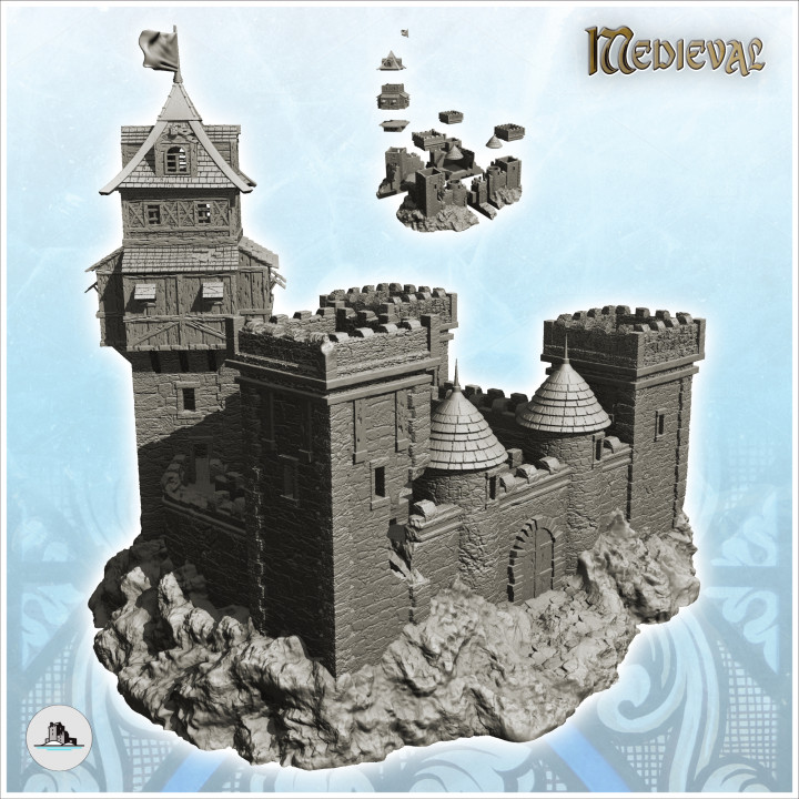 3D Printable Large damaged castle with triple crenellated towers and ...