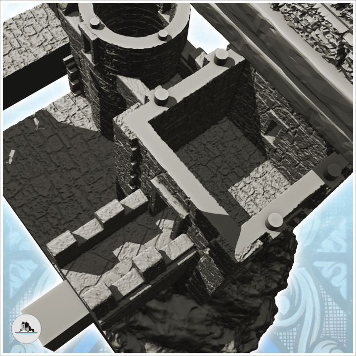 3D Printable Large damaged castle with triple crenellated towers and ...