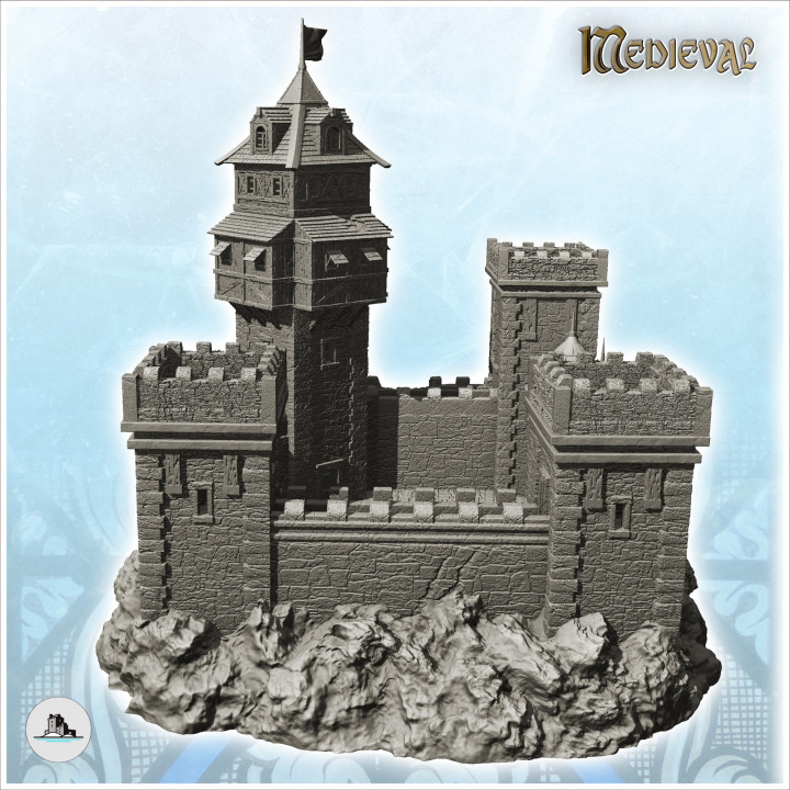 3D Printable Large damaged castle with triple crenellated towers and ...