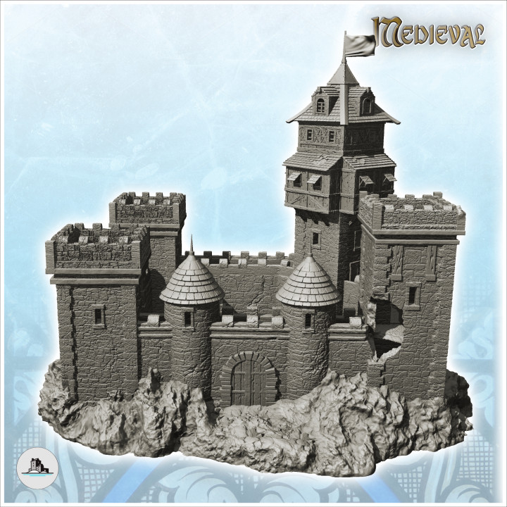 3D Printable Large damaged castle with triple crenellated towers and ...