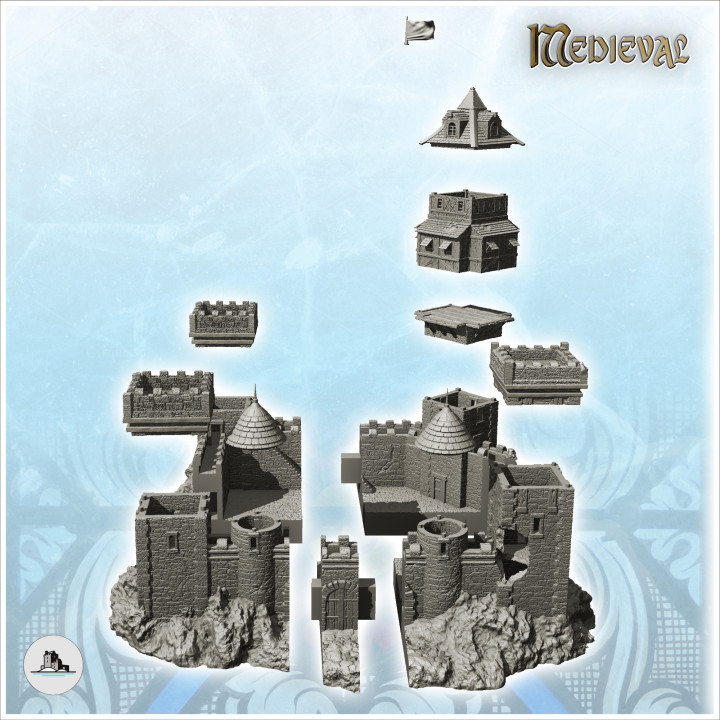 3D Printable Large damaged castle with triple crenellated towers and ...