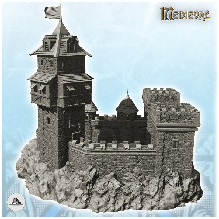 3D Printable Large damaged castle with triple crenellated towers and ...