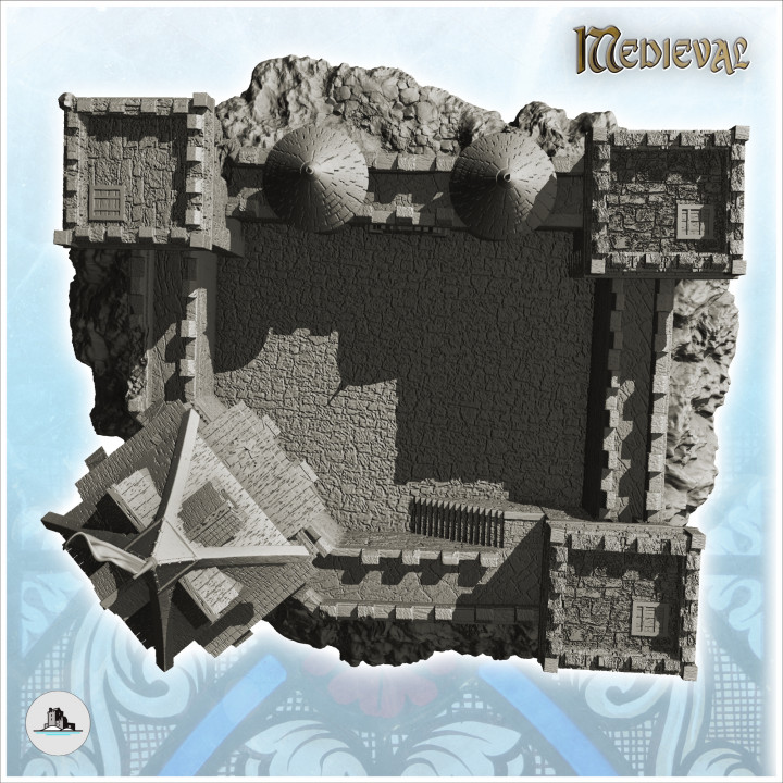 3D Printable Large damaged castle with triple crenellated towers and ...