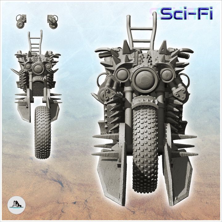 3D Printable Post-apo motorbike with front spikes and double machine ...