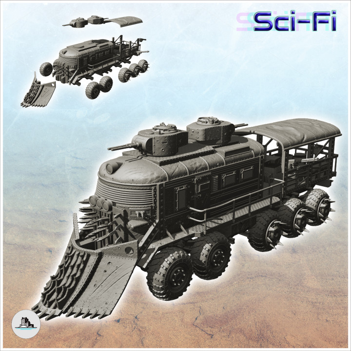 3D Printable Post-apo train on wheels with armoured turrets and front ...