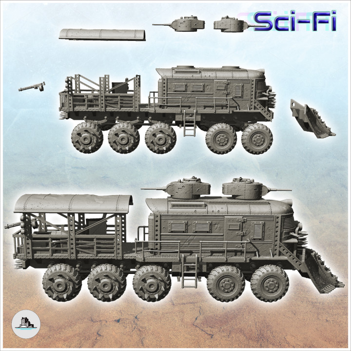 3D Printable Post-apo train on wheels with armoured turrets and front ...