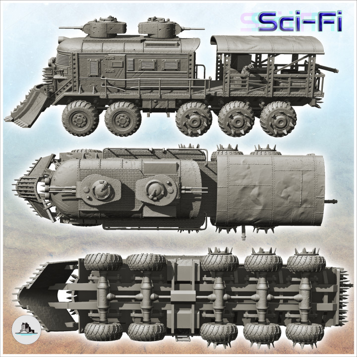 3D Printable Post-apo train on wheels with armoured turrets and front ...