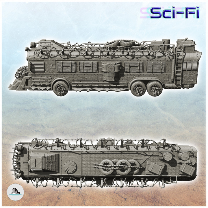 3D Printable Post-apo school bus with barbed wire and armour (9 ...