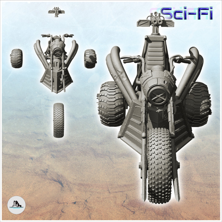 3D Printable Three-wheeled motorbike post-apo with automatic weapon (10 ...