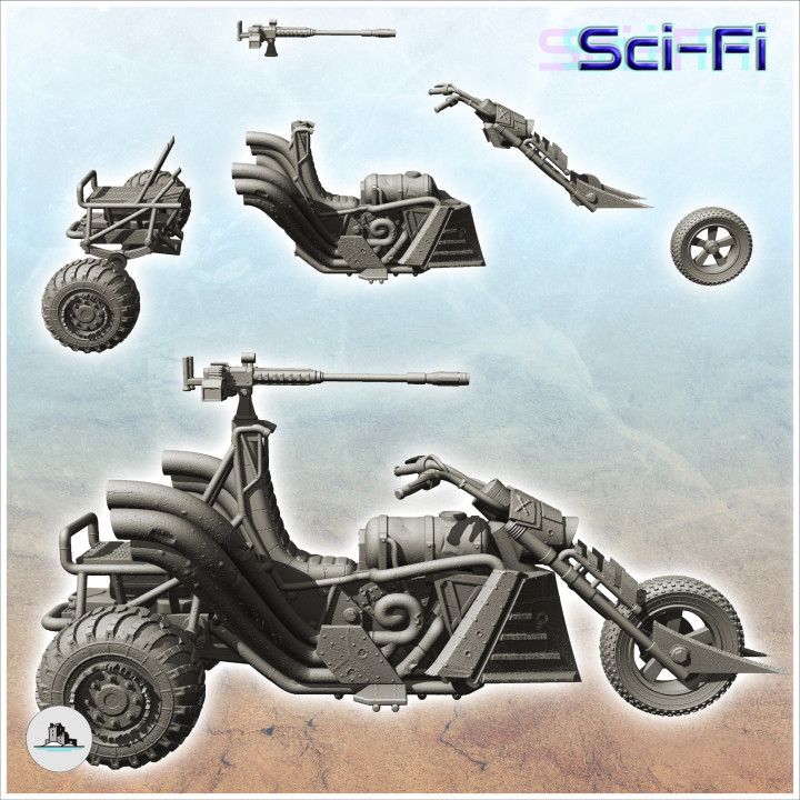 3D Printable Three-wheeled motorbike post-apo with automatic weapon (10 ...