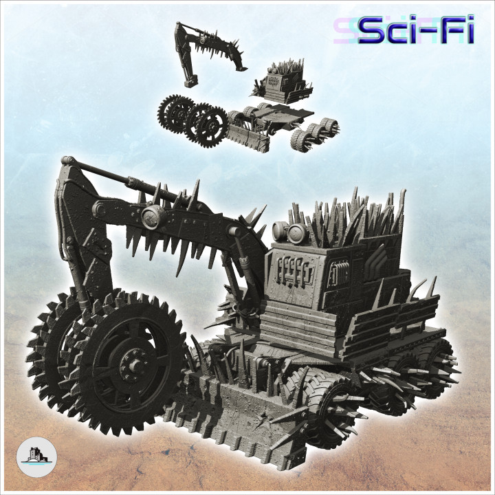 3D Printable Post-apo backhoe with multiple rotary saws and spikes (13 ...