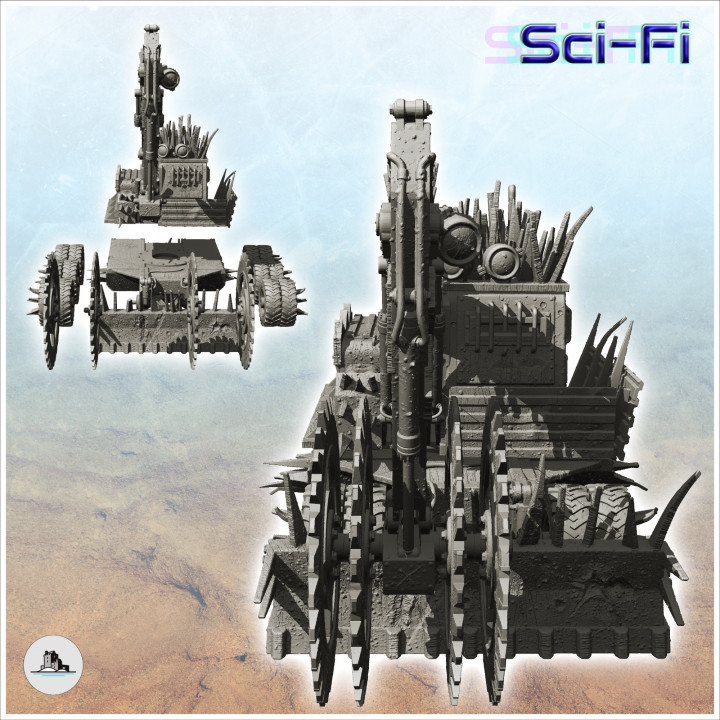 3D Printable Post-apo backhoe with multiple rotary saws and spikes (13 ...