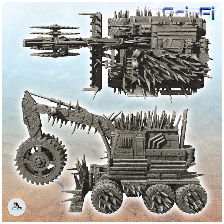3D Printable Post-apo backhoe with multiple rotary saws and spikes (13 ...