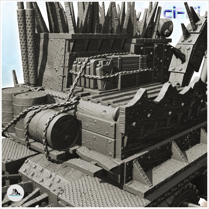 3D Printable Post-apo backhoe with multiple rotary saws and spikes (13 ...