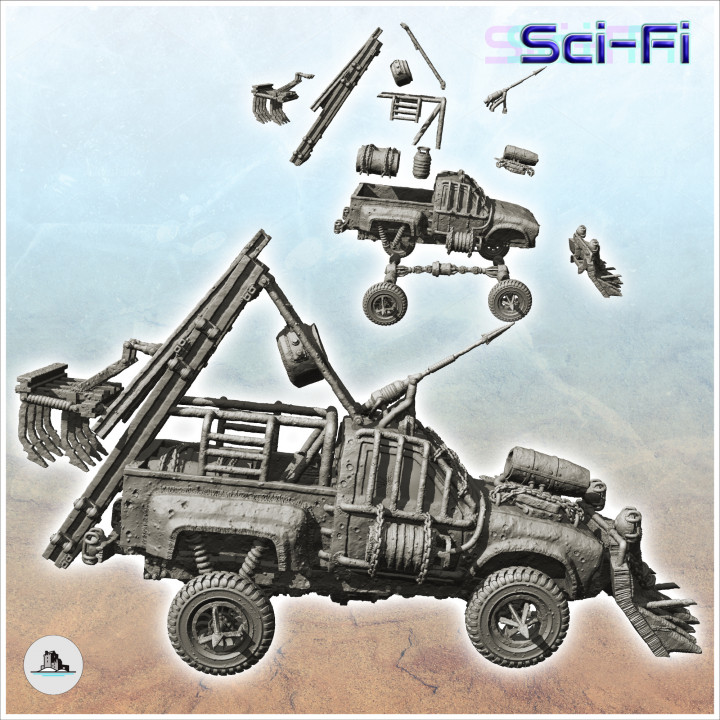 3D Printable Post-apo pick-up with front shovel, harpoon and siege ...