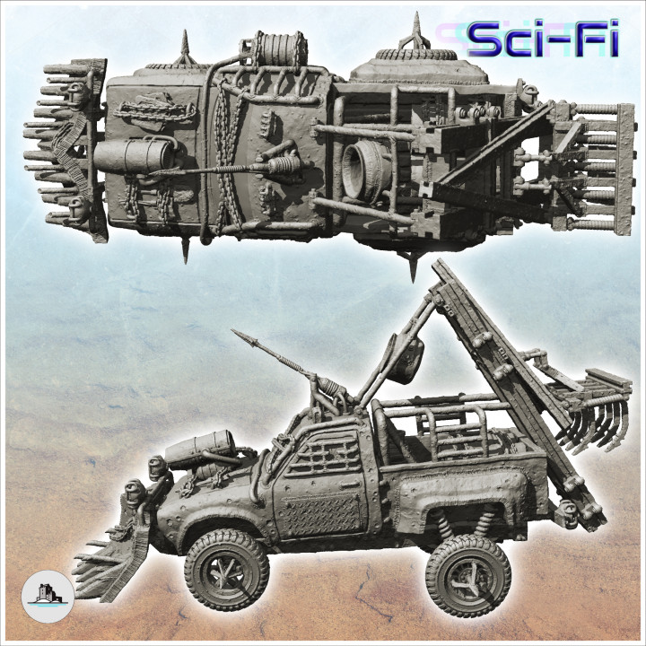 3D Printable Post-apo pick-up with front shovel, harpoon and siege ...