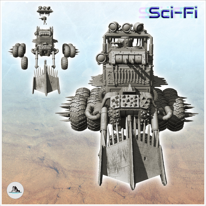 3D Printable Ten-wheeled post-apo vehicle with central gun turret gun ...