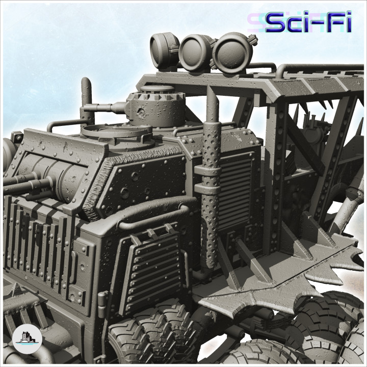 3D Printable Ten-wheeled post-apo vehicle with central gun turret gun ...