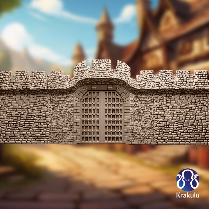 3D Printable Town Walls, Gate and Ladders Set by Krakulu