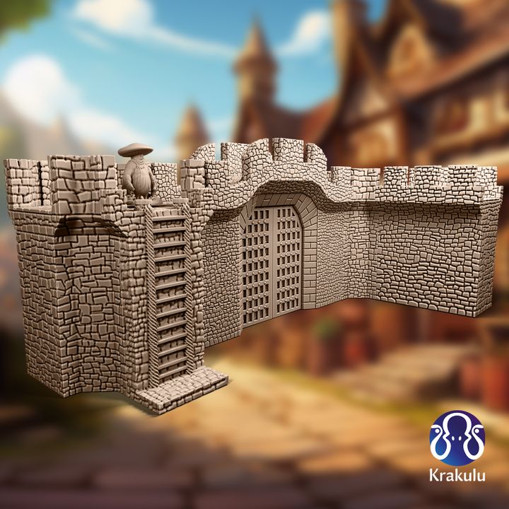 3D Printable Town Walls, Gate and Ladders Set by Krakulu
