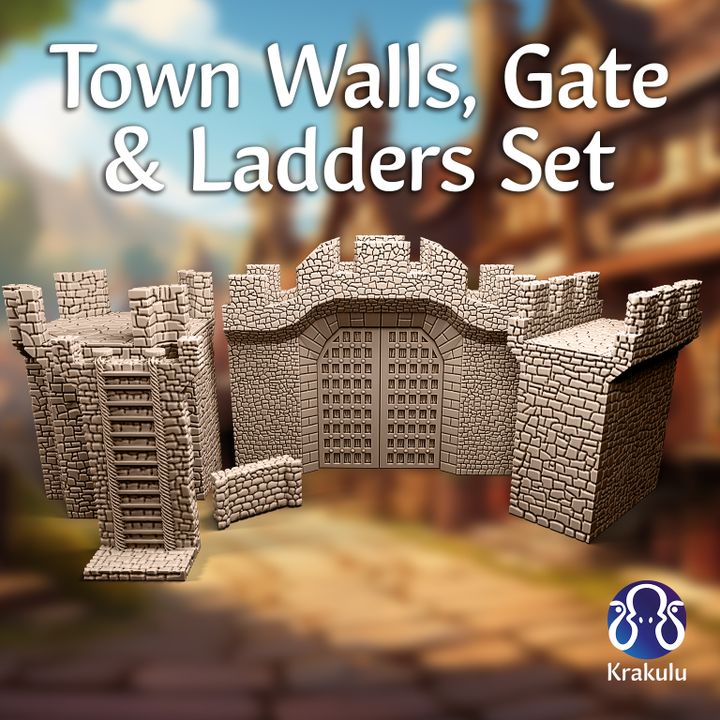 3D Printable Town Walls, Gate and Ladders Set by Krakulu