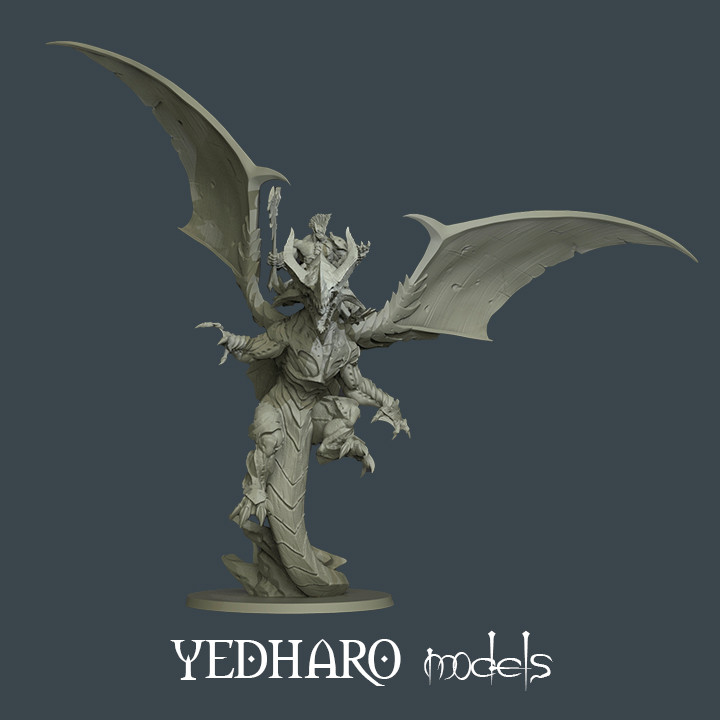 3D Printable ORC WARLORD MOUNTED ON DRAGON by Yedharo Models SL