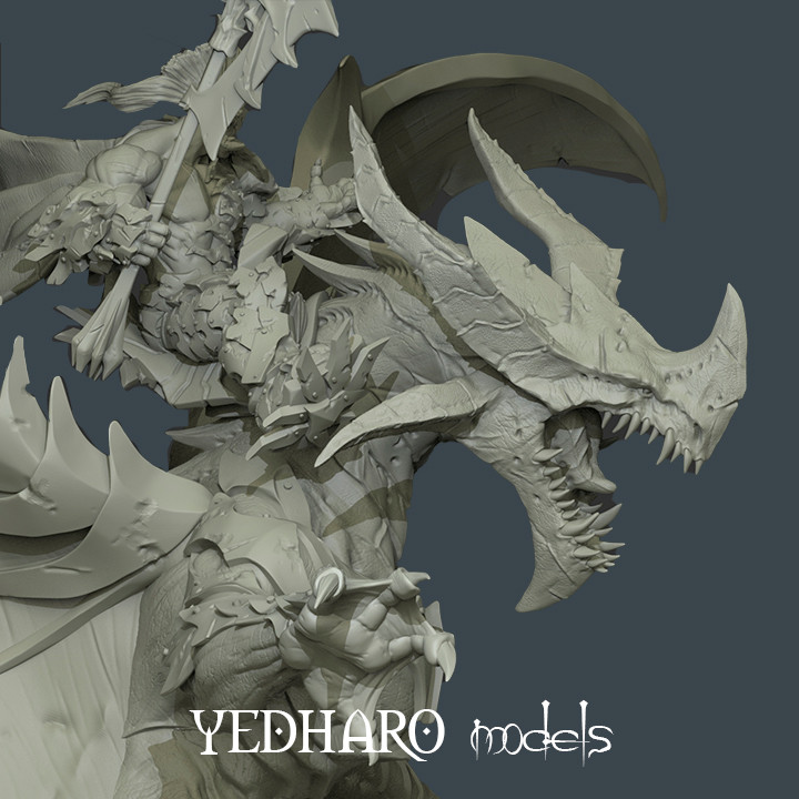 3D Printable ORC WARLORD MOUNTED ON DRAGON by Yedharo Models SL