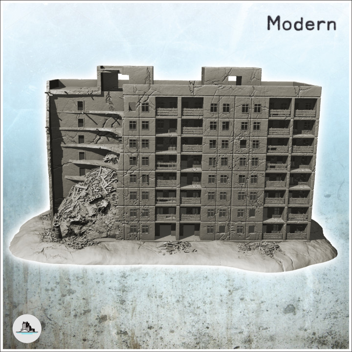 3D Printable Large damaged modern apartment building with flat roof (1 ...
