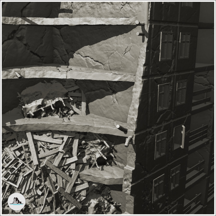 3D Printable Large damaged modern apartment building with flat roof (1 ...