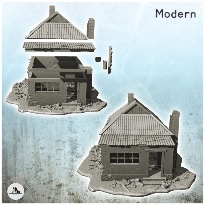 3D Printable Modern house with tin roof and external chimney (damaged ...
