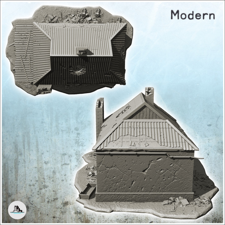 3D Printable Modern house with tin roof and external chimney (damaged ...