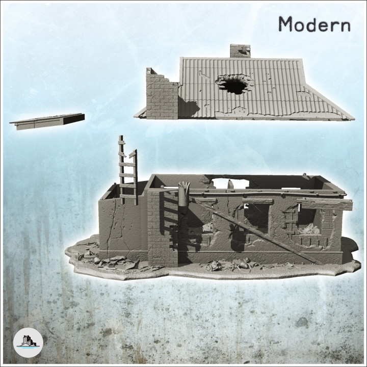 3D Printable Modern house with tin roof and external chimney (damaged ...