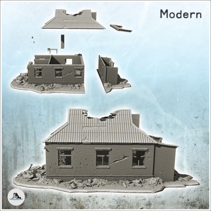 3D Printable Modern house with tin roof and external chimney (ruined ...