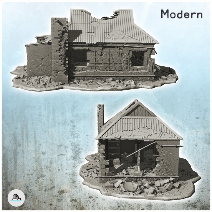 3D Printable Modern house with tin roof and external chimney (ruined ...