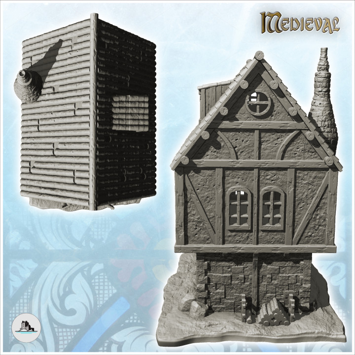 3D Printable Large medieval house with tiled roof, overhanging floor ...